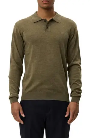 LES DEUX Greyson Long Sleeve Wool Polo Sweater - Military Olive