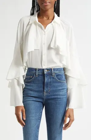 Veronica Beard Demaris Ruffle Stretch Silk Button-up Shirt - Dove