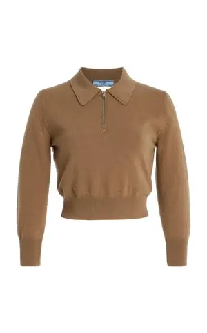 Prada Cutout Cropped Cashmere Polo Sweater - Tan