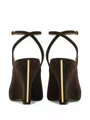 FERRAGAMO Suede Peep-toe Wedge Pumps With Ankle Strap - Brown