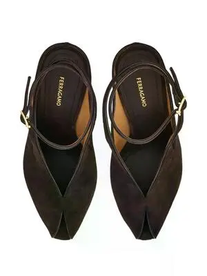 FERRAGAMO Suede Peep-toe Wedge Pumps With Ankle Strap - Brown