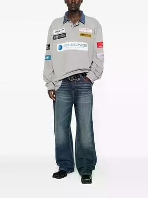 Martine Rose Denim-collar Logo-patch Polo Shirt - Grey