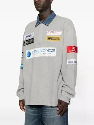 Martine Rose Denim-collar Logo-patch Polo Shirt - Grey