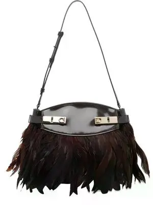 FERRAGAMO Hug Soft Feather-trimmed Leather Shoulder Bag - Brown