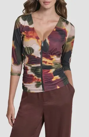 Dkny Ruched Knit Zip-up Top - Ink Diffusion