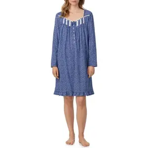 Eileen West Long Sleeve Cotton Jersey Short Nightgown - Blu/flor