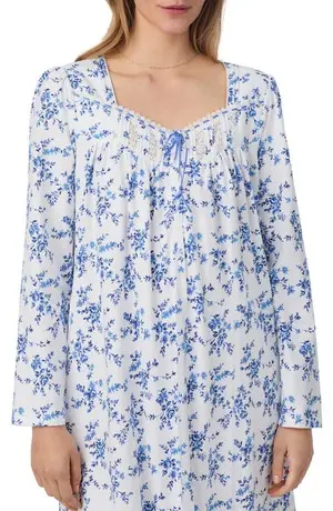Eileen West Long Sleeve Cotton Jersey Short Nightgown - White/navy