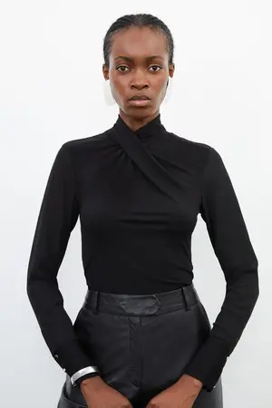 Karen Millen Jersey And Georgette Mix High Neck Top With Twist Detail - Black