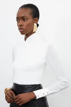 Karen Millen Jersey And Georgette Mix High Neck Top - Ivory