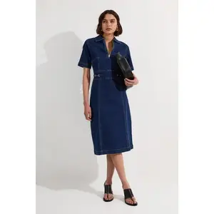 Karen Millen Trim Collared Denim Midi Dress - Mid Wash