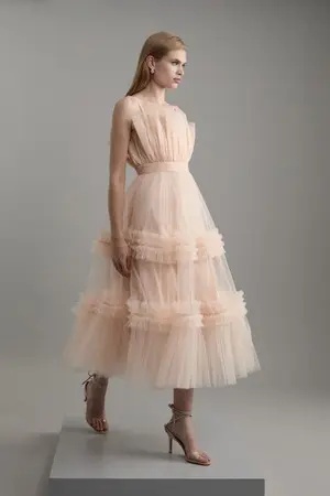 Karen Millen Tulle Bandeau Tiered Midi Dress