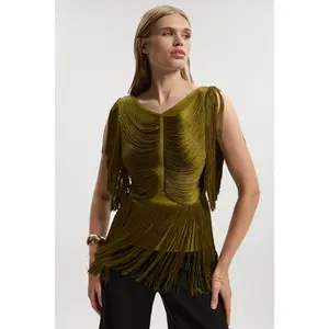 Karen Millen Draped Fringe Knitted Top - Olive