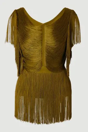 Karen Millen Draped Fringe Knitted Top - Olive
