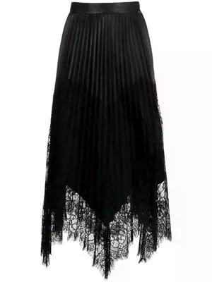 NISSA Lace-trim Pleated Midi Skirt - Black
