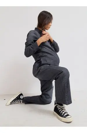 Hatch Collection The Everyday Nursing Denim Jumpsuit - Washed-black