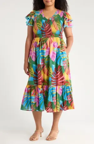 SUGARLIPS Tropical Print Tiered Midi Dress