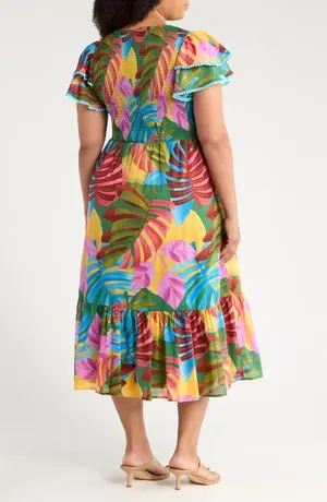 SUGARLIPS Tropical Print Tiered Midi Dress
