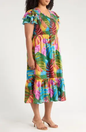 SUGARLIPS Tropical Print Tiered Midi Dress