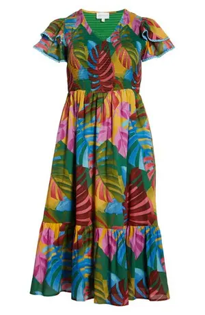 SUGARLIPS Tropical Print Tiered Midi Dress