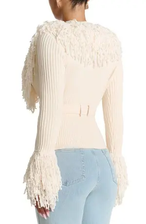 Naked Wardrobe Fringe Tie Waist Chenille Cardigan