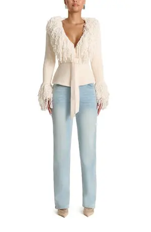 Naked Wardrobe Fringe Tie Waist Chenille Cardigan