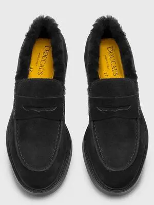 DOUCAL'S Suede Loafers With Fur Trim - Black