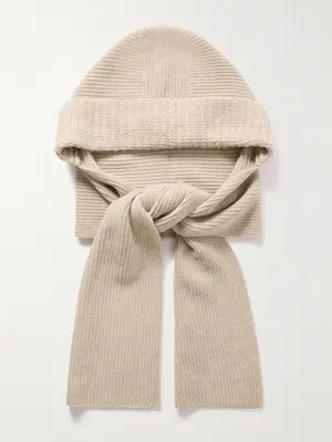 YVES SALOMON Hooded Ribbed Wool And Cashmere-blend Snood - Neutrals