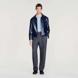 Sandro Classic Zip-up Leather Jacket - Midnight Blue