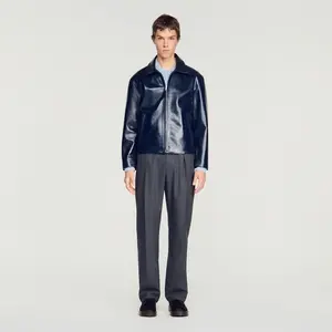 Sandro Leather Jacket With Wing Collar And Zip Fastening