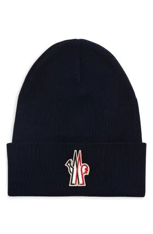 Moncler Logo Patch Virgin Wool Beanie - Dark Navy Blue