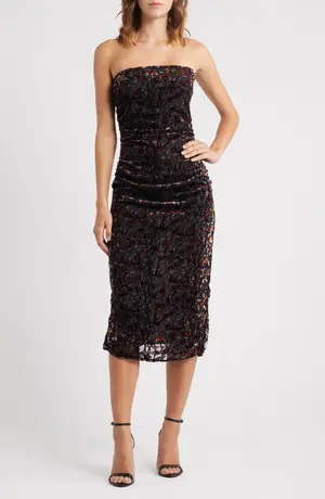Lulus Pixie Metallic Floral Strapless Mesh Midi Dress