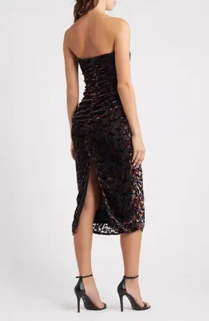 Lulus Pixie Metallic Floral Strapless Mesh Midi Dress