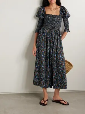 DÔEN Bijou Shirred Floral-print Organic Cotton-voile Midi Dress - Multi