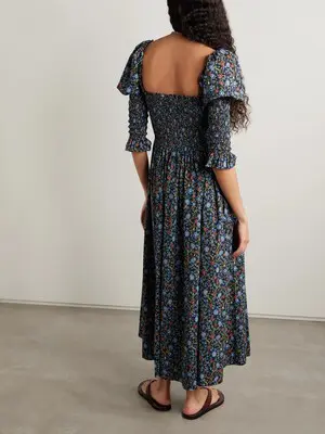DÔEN Bijou Shirred Floral-print Organic Cotton-voile Midi Dress - Multi
