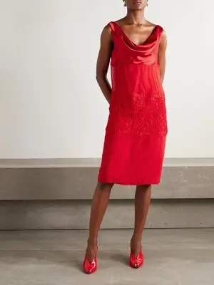 FERRAGAMO Satin- And Lace-paneled Silk-chiffon Midi Dress - Red