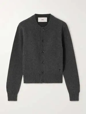 Ami Embroidered Cashmere And Wool-blend Cardigan - Dark Gray