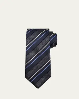 Brioni Regimental Stripe Silk And Cotton Tie - Navy Grey