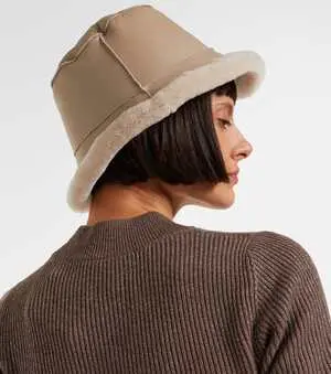 Brunello Cucinelli Shearling-trimmed Leather Boater Hat
