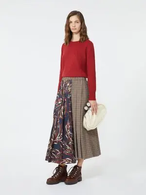 Max Mara Pleated Houndstooth Wool Midi Skirt