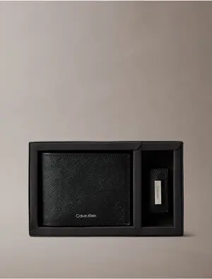 Calvin Klein Saffiano Leather Bifold Wallet + Money Clip Set - Black