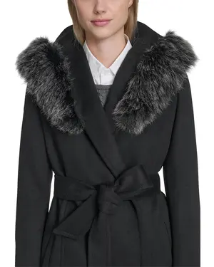 Cole Haan Single Breasted Faux Fur Hooded Coat