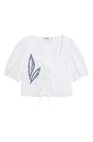 Desigual Embroidered Tie-front Cotton Top