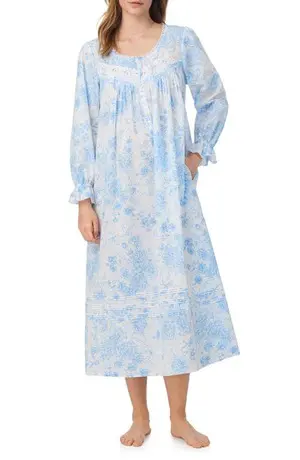 Eileen West Long Sleeve Cotton Lawn Ballet Nightgown - White/blue Flower