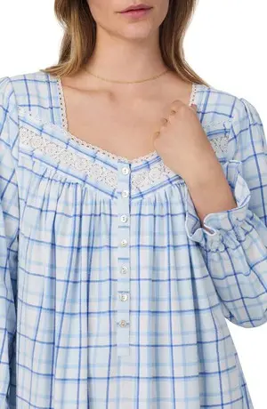 Eileen West Long Sleeve Cotton Flannel Ballet Nightgown - Blue/plaid