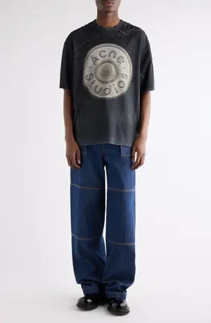 Acne Studios Exford U Distressed Coated Button Logo Graphic T-shirt