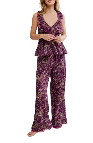 Free People Tangled Lights Ruffle Pajamas Wine Combo