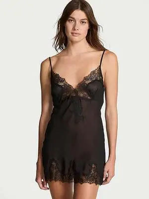 Victoria's Secret Rose Lace & Chiffon Mini Slip Dress - Black