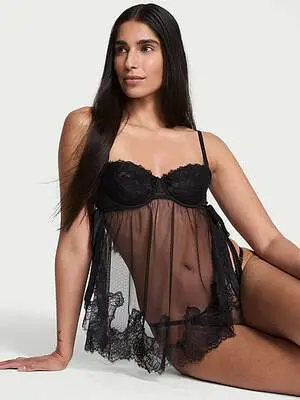Victoria's Secret Very Sexy Wicked Sheer Unlined Lace-trim Babydoll Set - Black