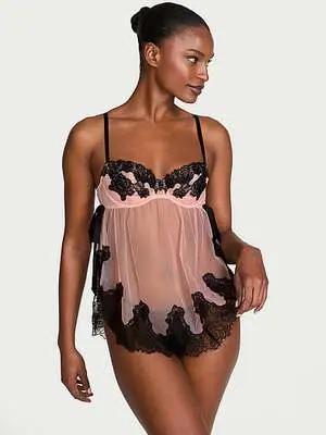 Victoria's Secret Very Sexy Wicked Sheer Unlined Lace-trim Babydoll Set - Pink