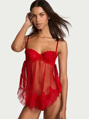 Victoria's Secret Very Sexy Wicked Sheer Unlined Lace-trim Babydoll Set - Red